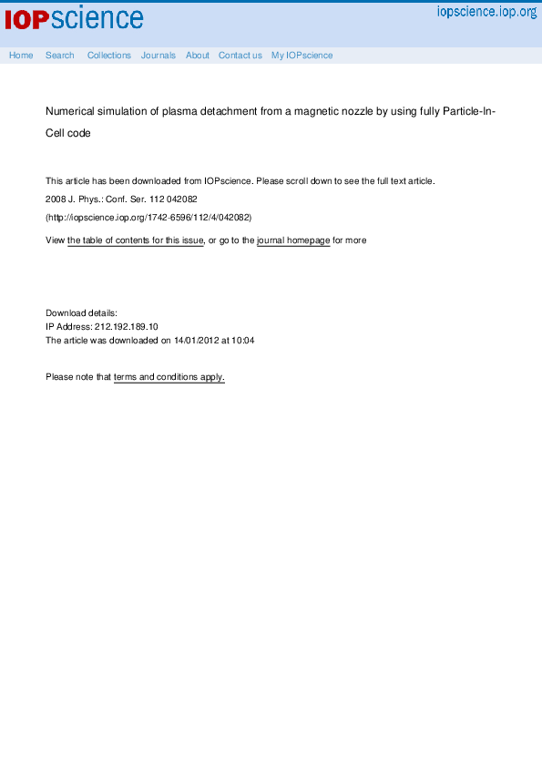 (PDF) Numerical simulation of plasma detachment from a magnetic nozzle by using fully particle ...