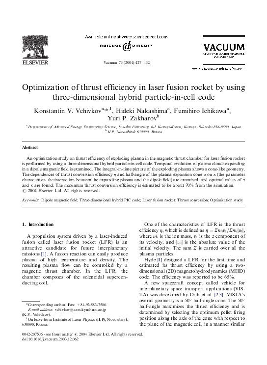 (PDF) Optimization of thrust efficiency in laser fusion rocket by using three-dimensional hybrid ...