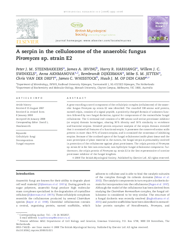 (PDF) A serpin in the cellulosome of the anaerobic fungus Piromyces sp ...