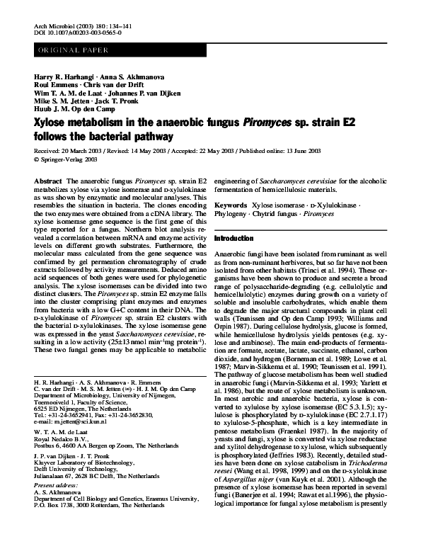 (PDF) Xylose metabolism in the anaerobic fungus Piromyces sp. strain E2 ...