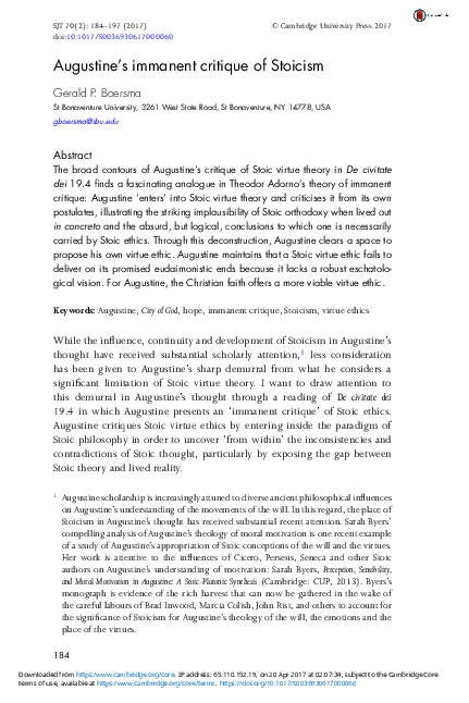 (PDF) Augustine's Immanent Critique of Stoicism. SJT 70 (2017): 184-197.