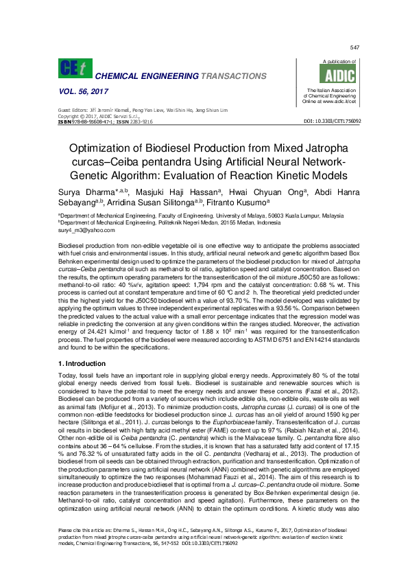 (PDF) Optimization of Biodiesel Production from Mixed Jatropha curcas–Ceiba pentandra Using ...