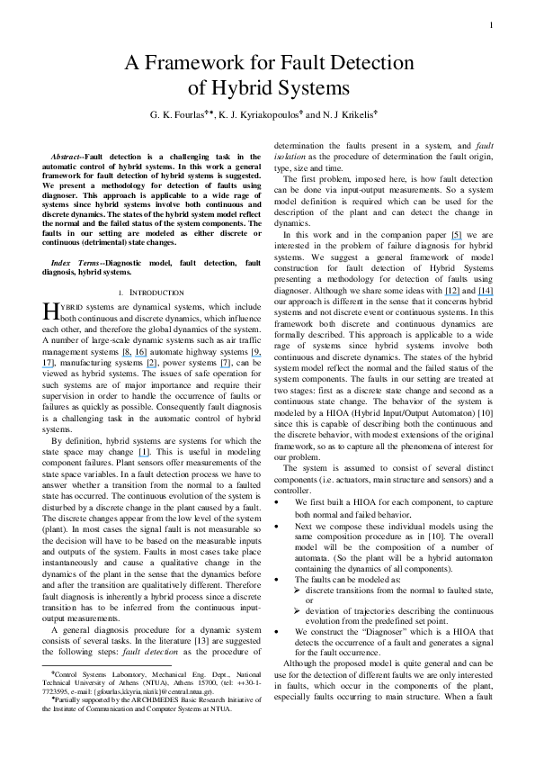 Pdf A Framework For Fault Detection Of Hybrid Systems