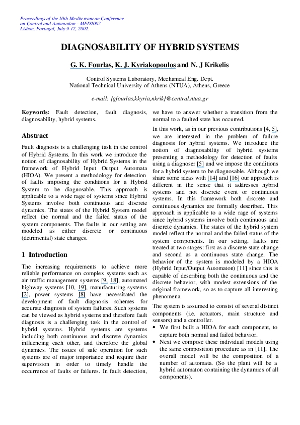 (PDF) Diagnosability of Hybrid Systems