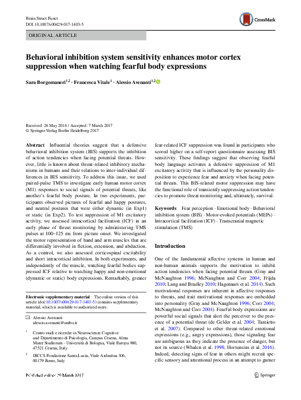(PDF) Behavioral inhibition system sensitivity enhances motor cortex suppression when watching ...