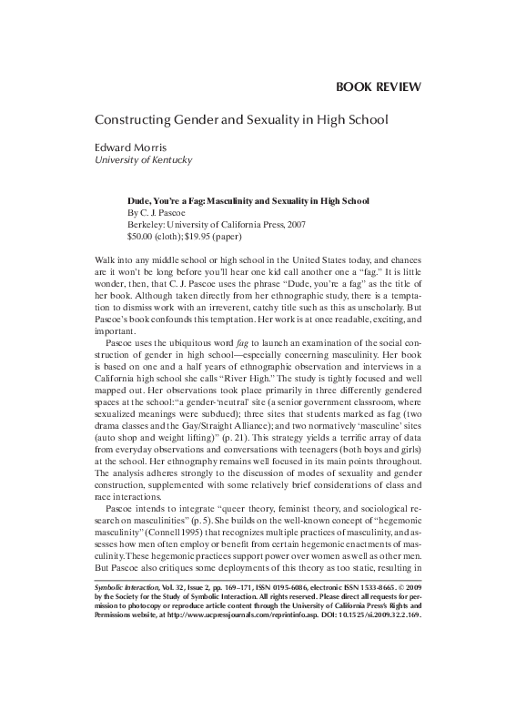 Pdf Constructing Gender And Sexuality In High School Dude Youre A Fag Masculinity And
