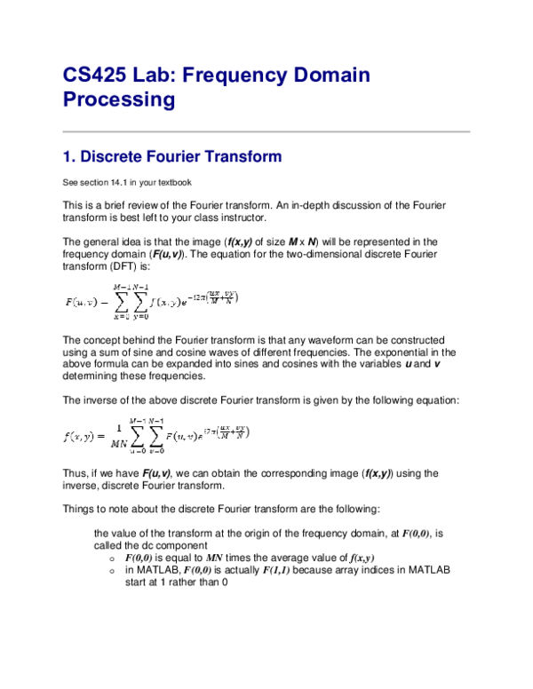 (PDF) CS425 Lab: Frequency Domain Processing 1. Discrete Fourier Transform
