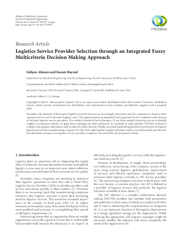 (PDF) Logistics Service Provider Selection through an Integrated Fuzzy Multicriteria Decision ...
