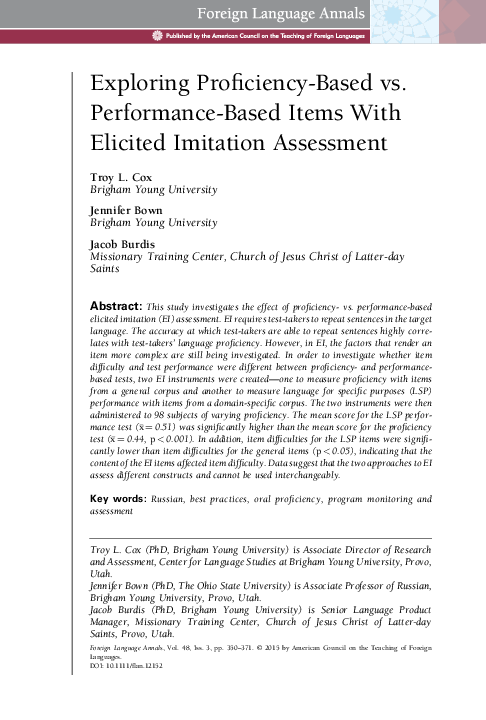 (PDF) Exploring Proficiency-Based vs. Performance-Based Items With Elicited Imitation Assessment