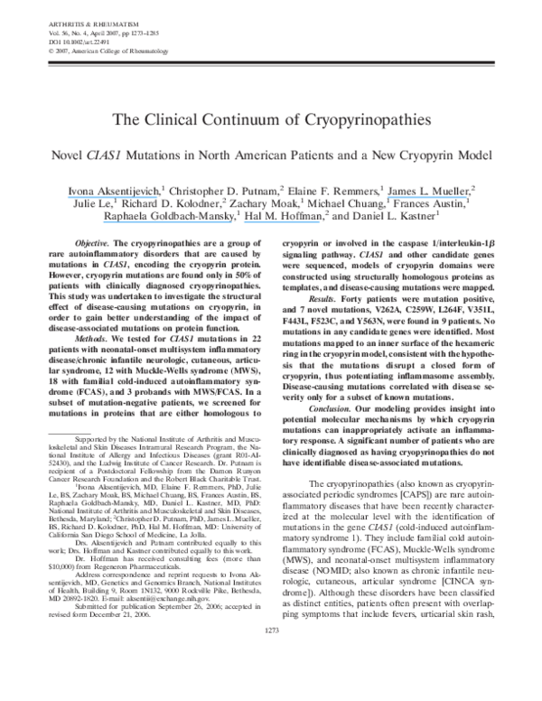 (PDF) The clinical continuum of cryopyrinopathies: Novel CIAS1 ...