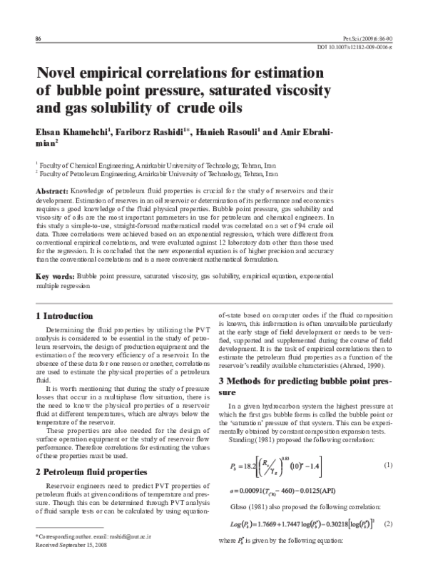 (PDF) Novel empirical correlations for estimation of bubble point pressure, saturated viscosity ...