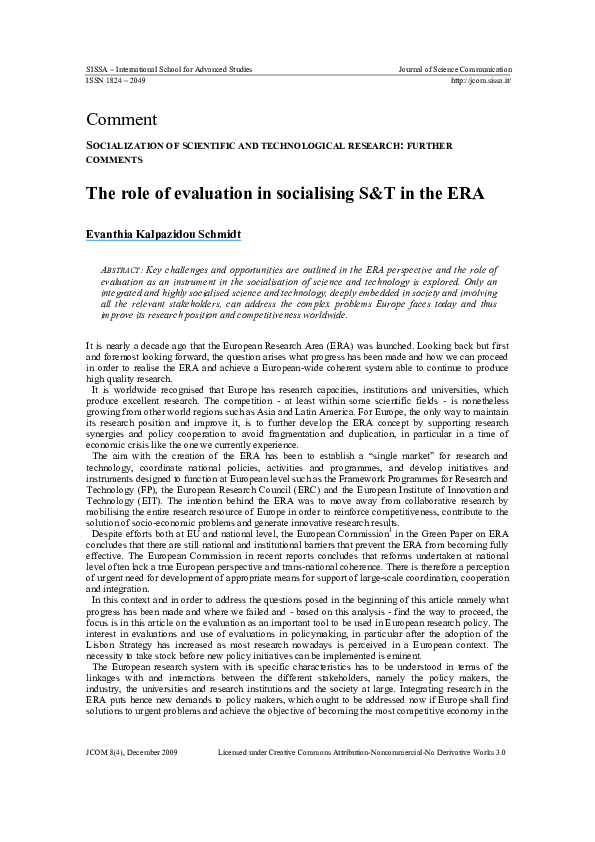 (PDF) The role of evaluation in socialising S&T in the ERA