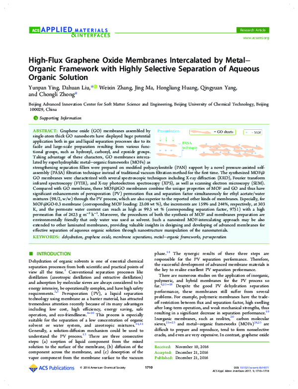 (PDF) Selective Aqueous Organic Separation via MOF@GO Membranes