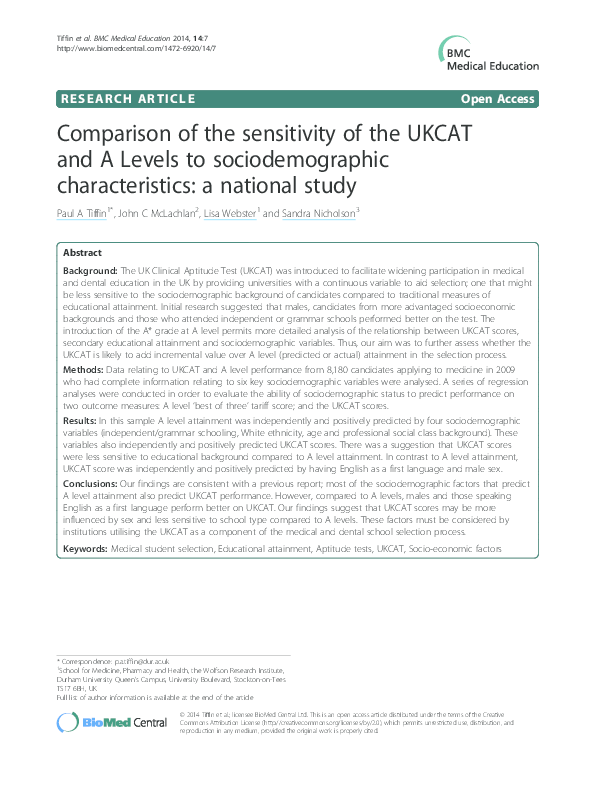 (PDF) Comparison of the sensitivity of the UKCAT and A Levels to ...