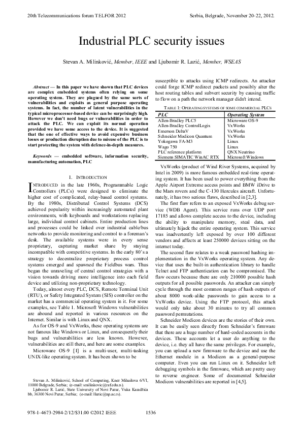 (PDF) Industrial PLC security issues