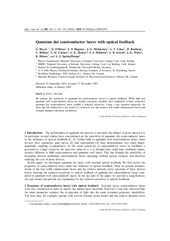 (PDF) Quantum dot semiconductor lasers with optical feedback