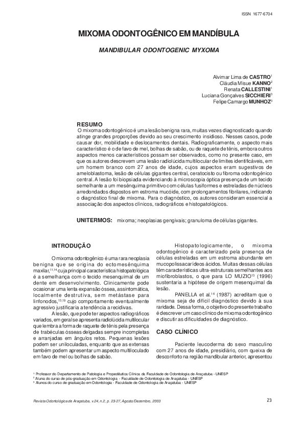 (PDF) Mixoma Odontogênico Em Mandíbula Mandibular Odontogenic Myxoma