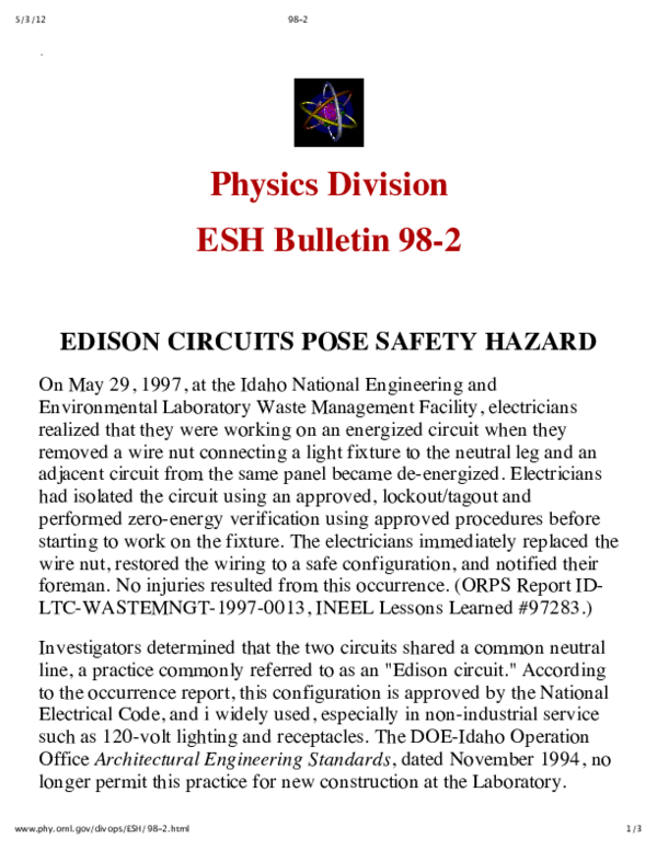 (PDF) Physics Division ESH Bulletin 98-2 EDISON CIRCUITS POSE SAFETY HAZARD