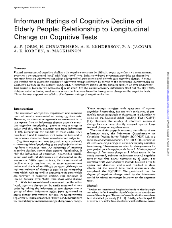 Pdf The Informant Questionnaire On Cognitive Decline In The Elderly Iqcode Nicolas