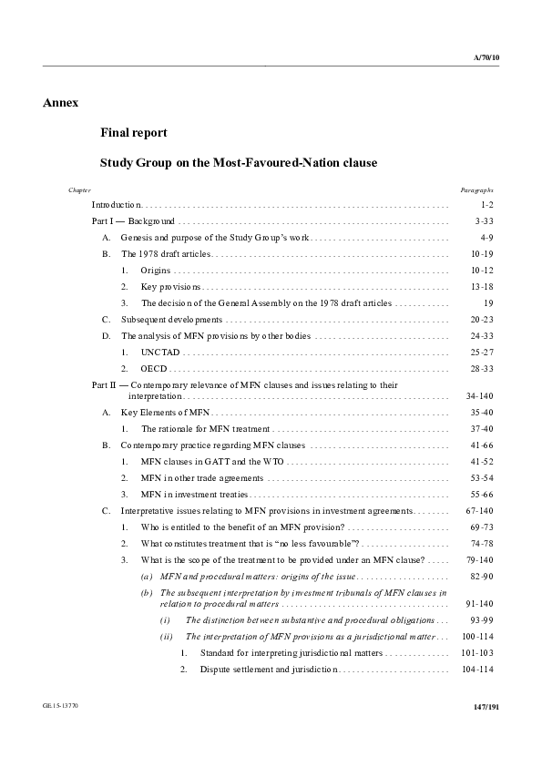 (PDF) Annex Final report Study Group on the Most-Favoured-Nation clause