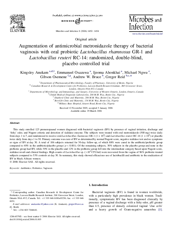 Pdf Augmentation Of Antimicrobial Metronidazole Therapy Of Bacterial Vaginosis With Oral