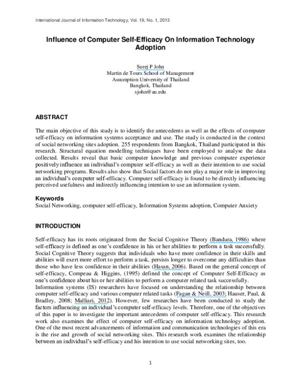 (PDF) Influence of Computer Self-Efficacy On Information Technology Adoption