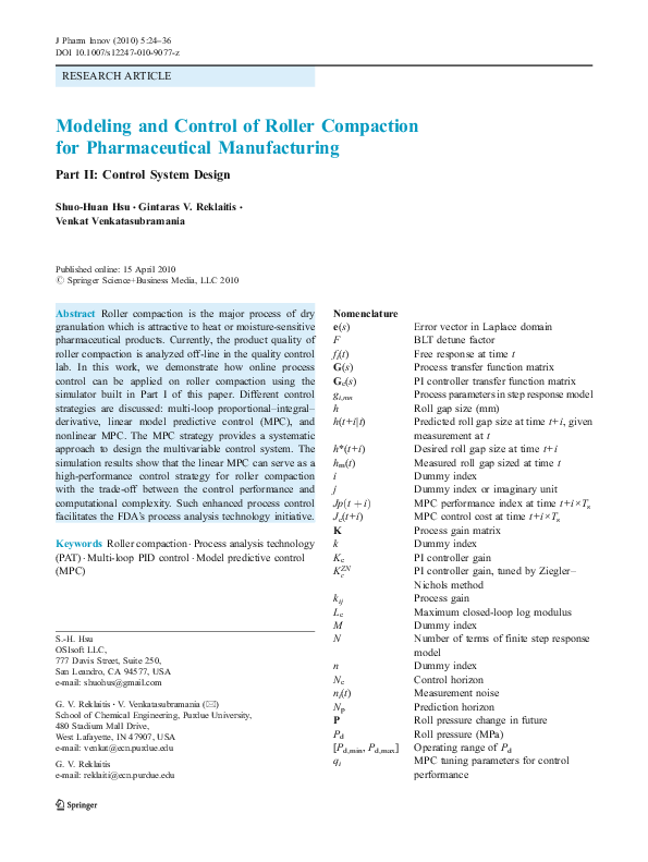 (PDF) Modeling and Control of Roller Compaction for Pharmaceutical ...