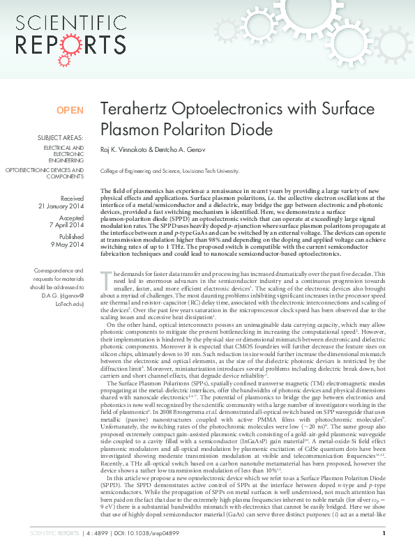 (PDF) Terahertz Optoelectronics with Surface Plasmon Polariton Diode