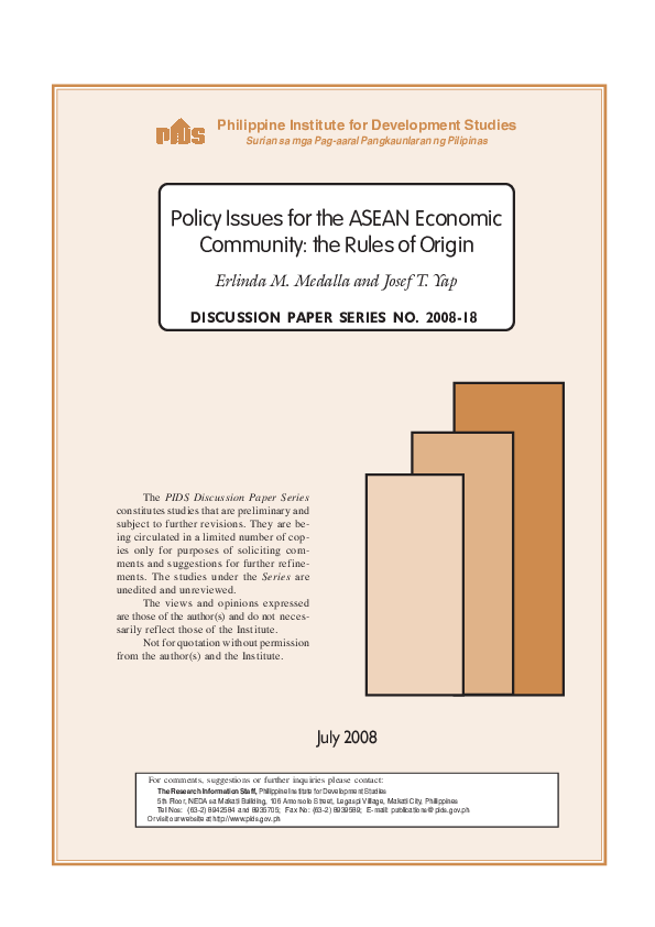 Policy Issues for the ASEAN Economic Community: the Rules of Origin