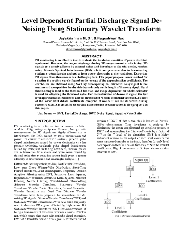 Pdf Level Dependent Partial Discharge Signal De Noising Using Stationary Wavelet Transform