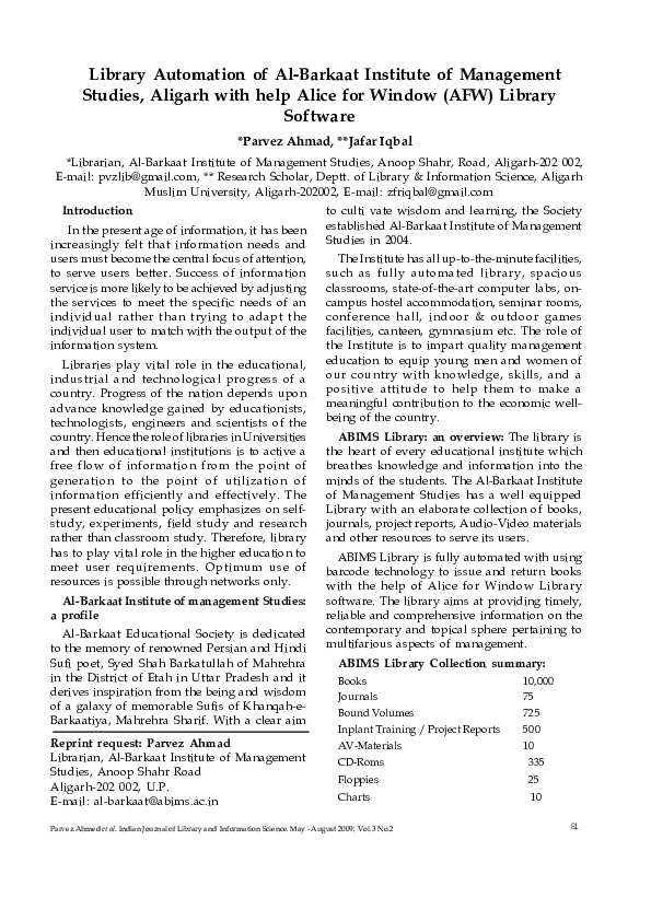 (PDF) Library automation of Al-Barkaat Institute of Management Studies ...