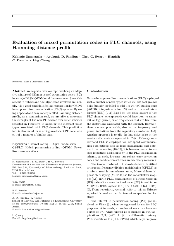 (PDF) Evaluation of mixed permutation codes in PLC channels, using Hamming distance profile