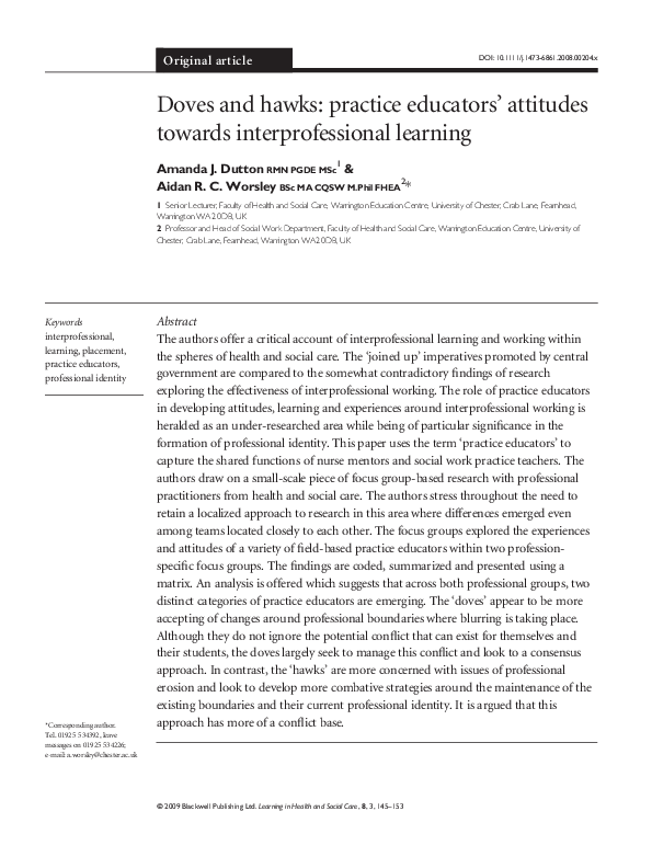 (PDF) Doves and hawks: practice educators’ attitudes towards interprofessional learning
