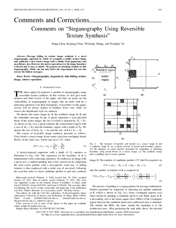 Pdf Comments And Corrections Comments On Steganography Using Reversible Texture Synthesis 