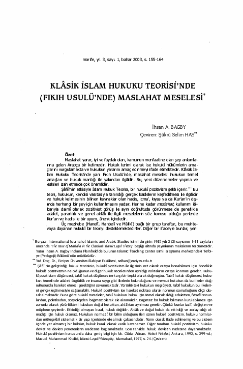 (PDF) Marife.2003_1.KLÂSİK İSLAM HUKUKU TEORİSİ'NDE (FIKIH USULÜ'NDE) MASLAHAT MESELESİ / The ...
