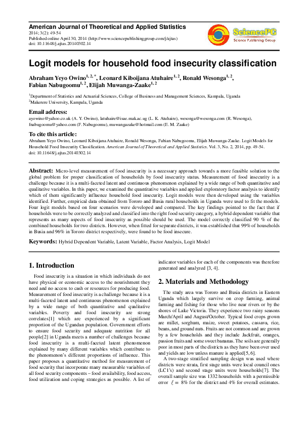 (PDF) Logit Models for Household Food Insecurity Classification
