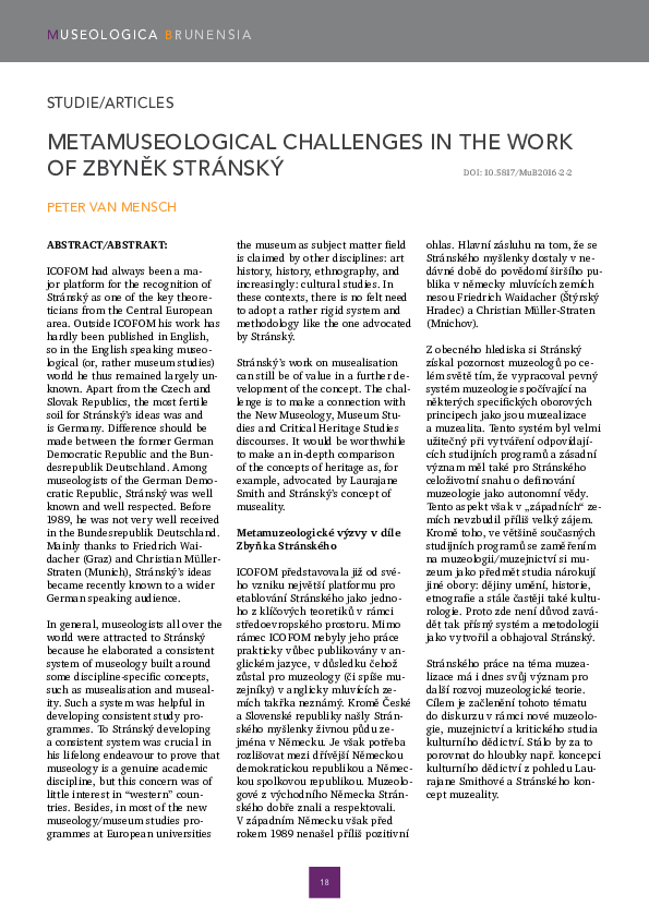 (PDF) Peter van Mensch, ‘Metamuseological challenges in the work of Zbynĕk Stránský ...