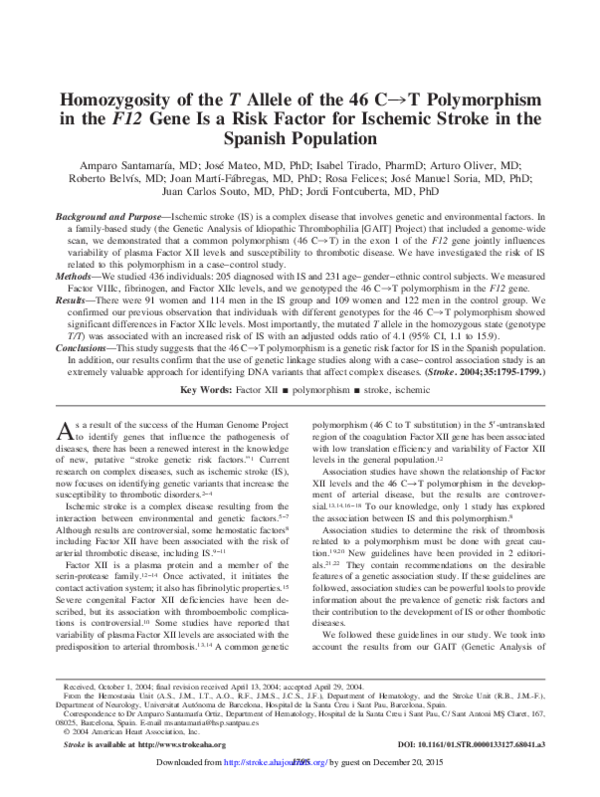 (PDF) Homozygosity of the T Allele of the 46 C3 T Polymorphism in the ...