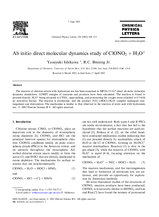 (PDF) Ab initio direct molecular dynamics study of ClONO2+H3O+ | Yasuyuki Ishikawa - Academia.edu