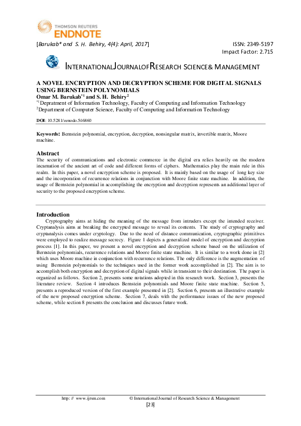 Pdf A Novel Encryption And Decryption Scheme For Digital Signals Using Bernstein Polynomials