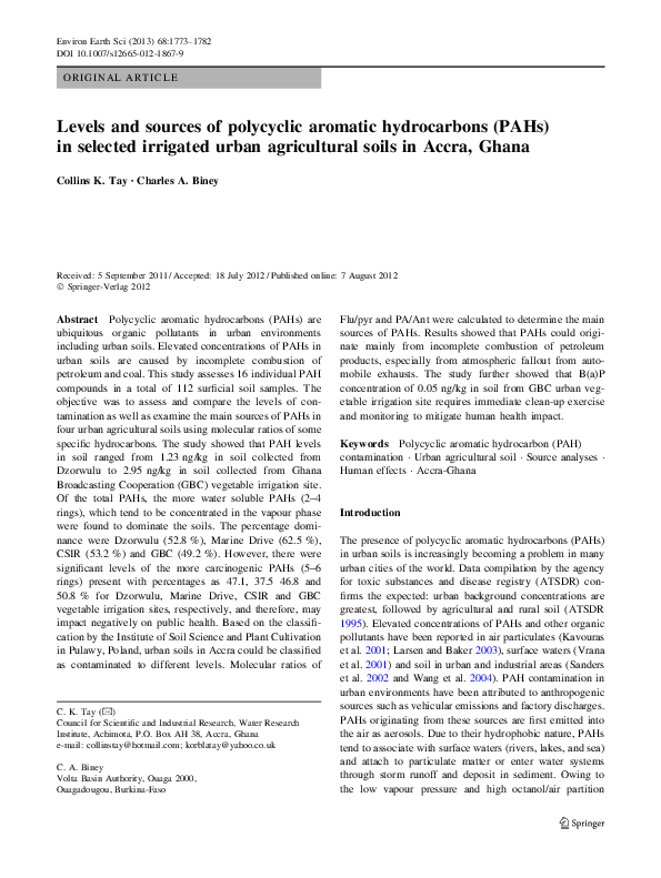 (PDF) Levels and sources of polycyclic aromatic hydrocarbons (PAHs) in selected irrigated urban ...