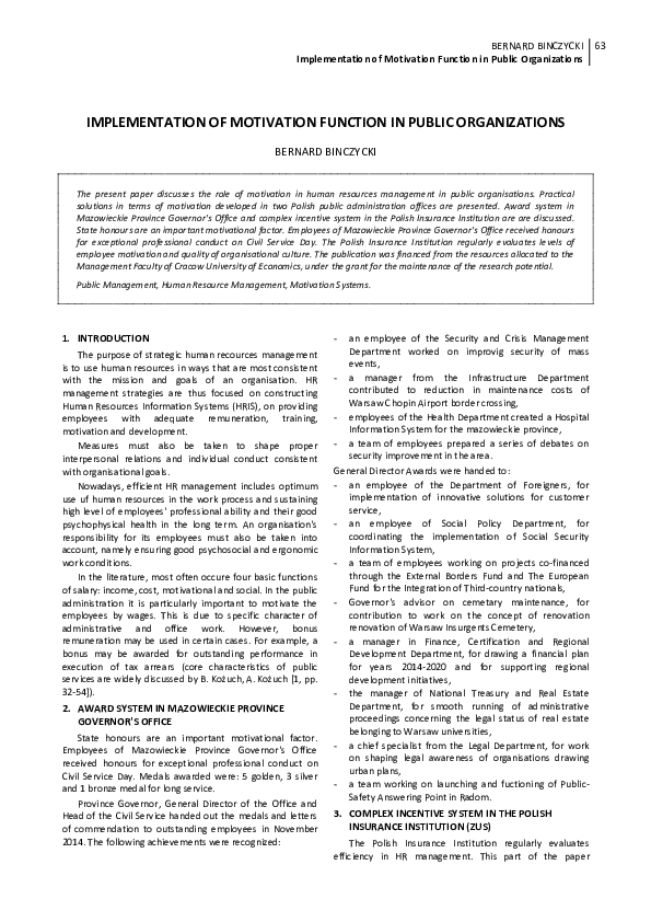 (PDF) Implementation of Motivation Function in Public Organizations 2015