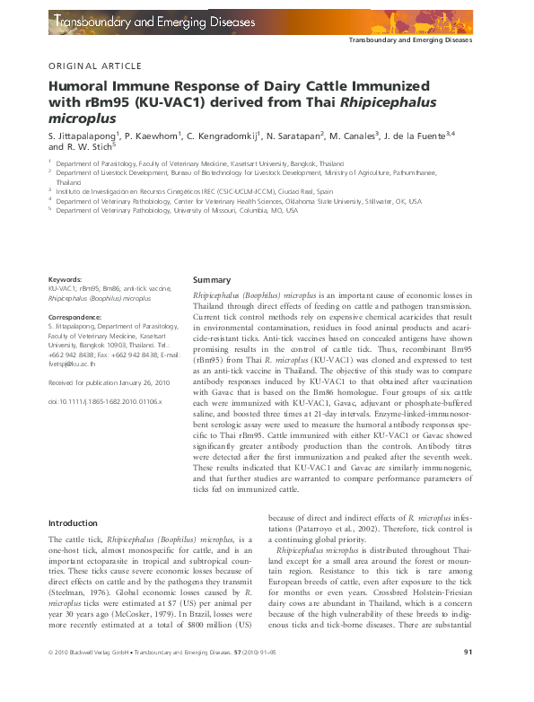 (PDF) Humoral Immune Response of Dairy Cattle Immunized with rBm95 (KU-VAC1) derived from Thai ...