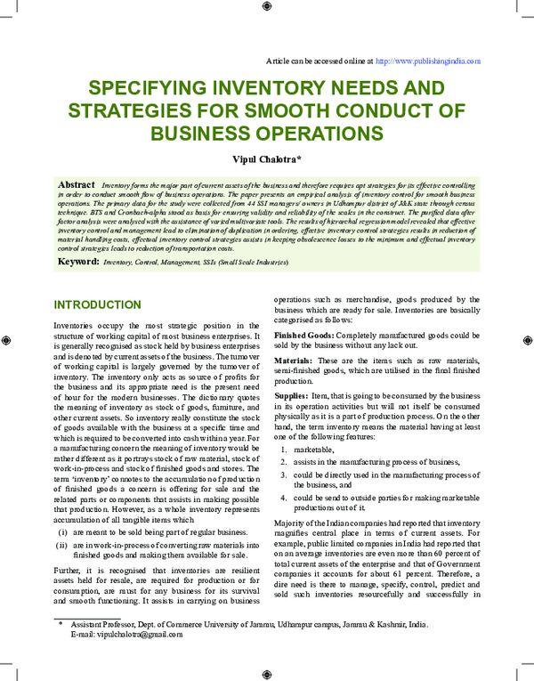 (PDF) Specifying Inventory Needs and Strategies for Smooth Conduct of ...