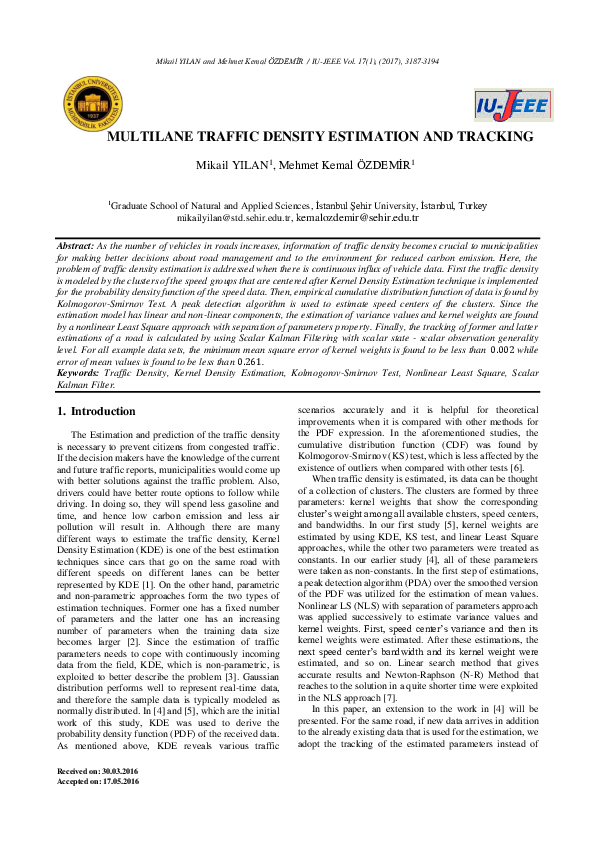 (PDF) MULTILANE TRAFFIC DENSITY ESTIMATION AND TRACKING