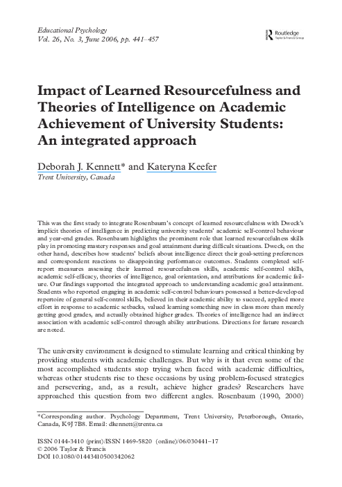 (PDF) Impact of Learned Resourcefulness and Theories of Intelligence on ...