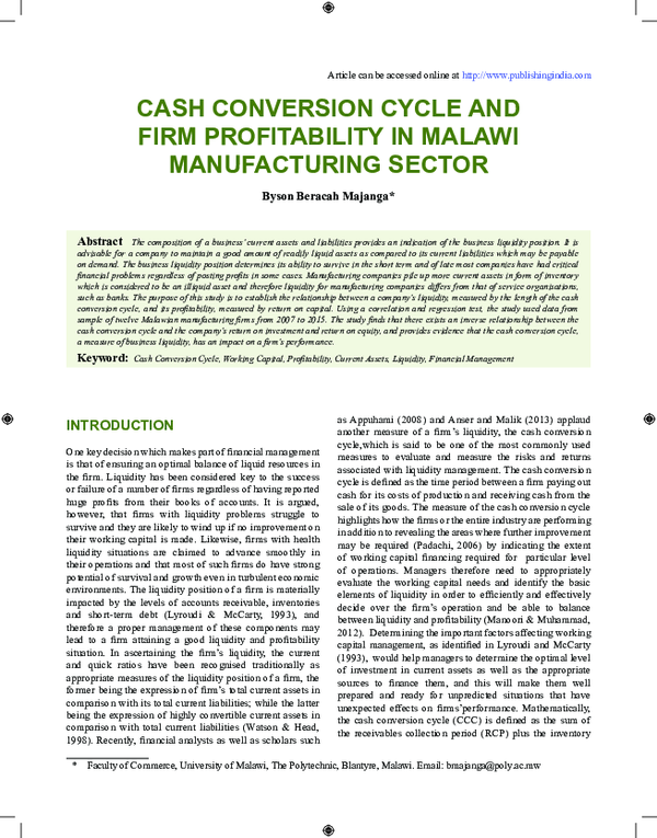 (PDF) Cash Conversion Cycle and Firm Profitability in Malawi ...