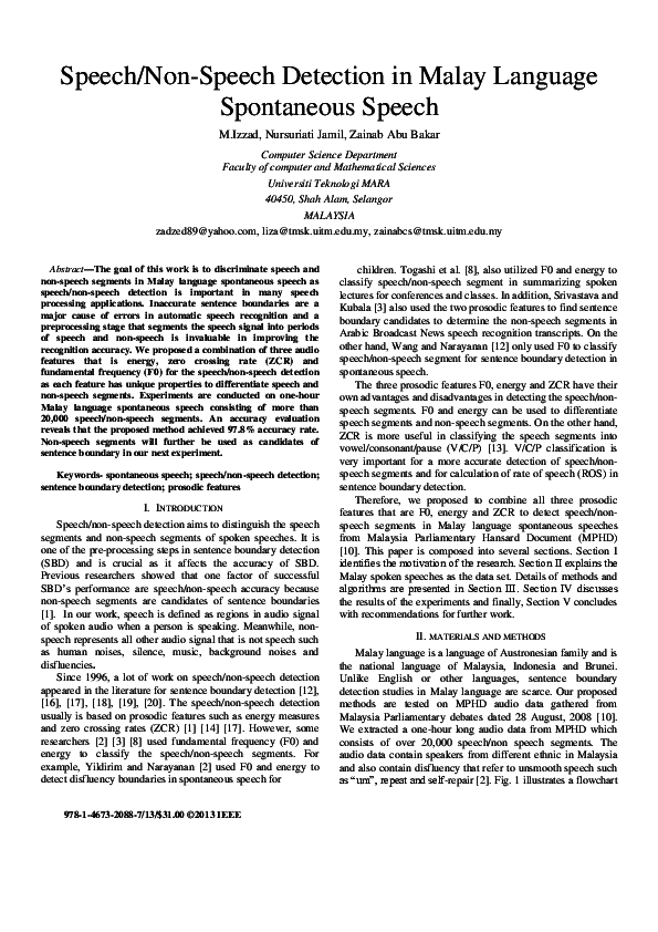(PDF) Speech/non-speech detection in Malay language spontaneous speech