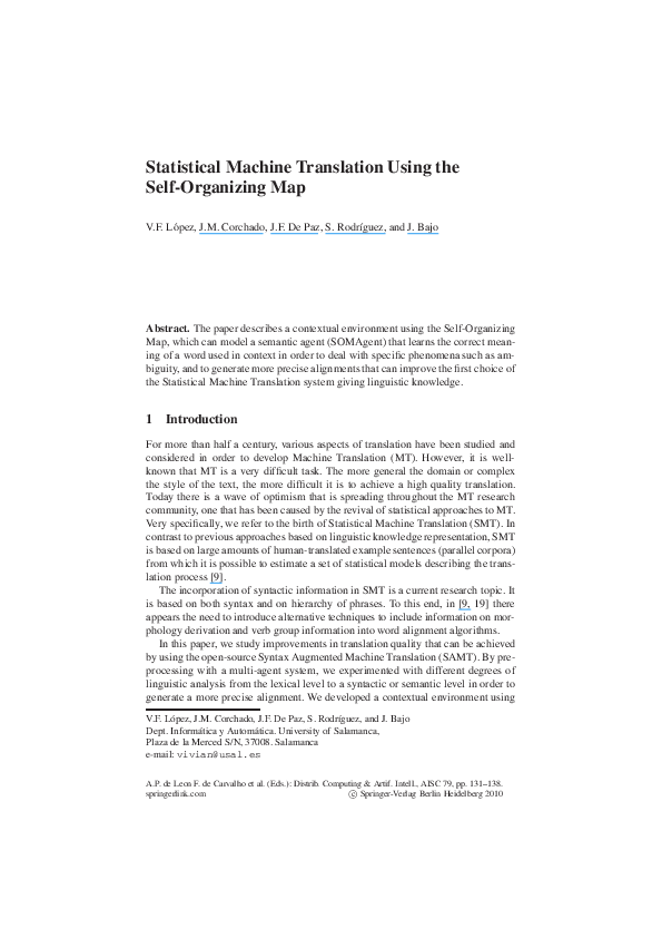 Pdf Statistical Machine Translation Using The Self Organizing Map
