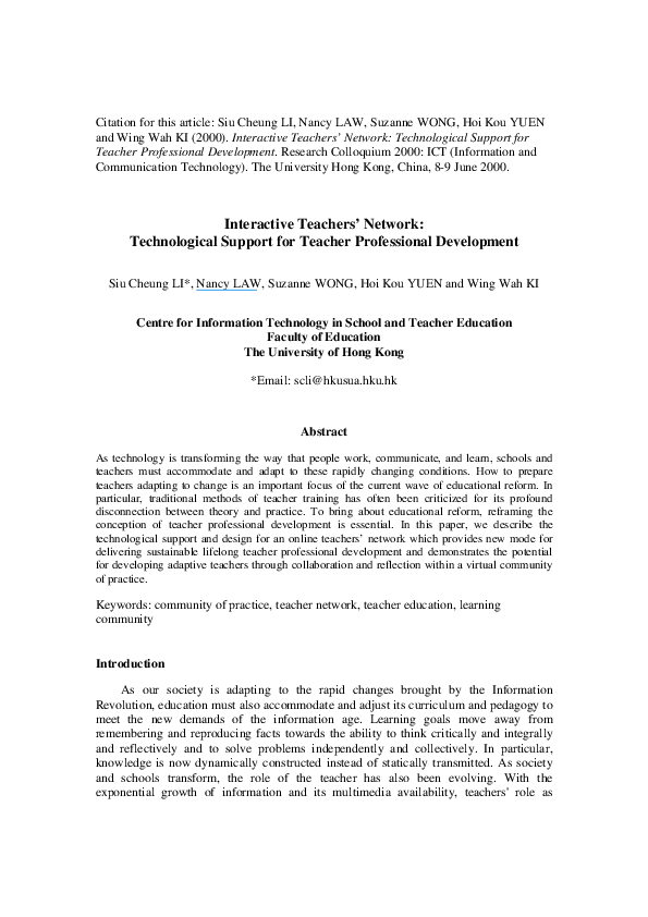 (PDF) Interactive Teachers' Network: Technological Support for Teacher ...